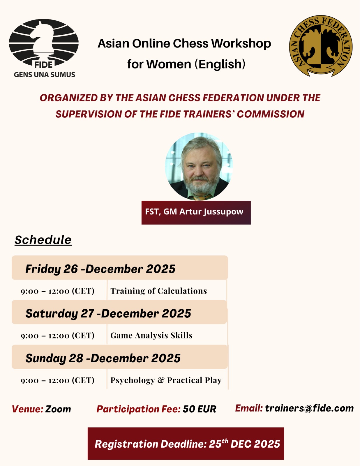 Asian Online Chess Workshop for Women (English), 26-28 December 2025 ...